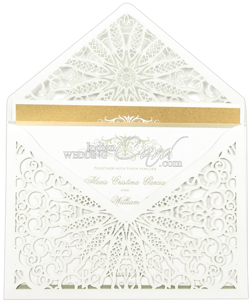 Laser Cut Envelope Wedding Invitation on Off-white shimmer paper - D-8831