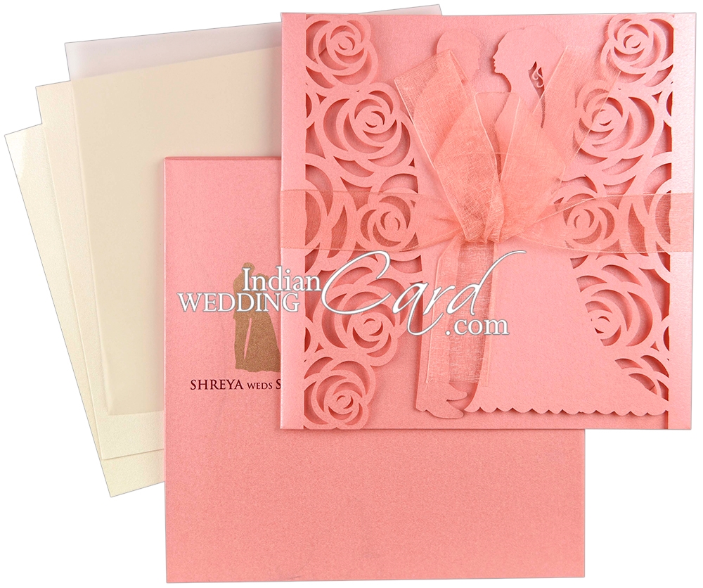 IWLV141, Pink Color, Shimmery Finish Paper, Laser Cut Cards, Ribbon ...