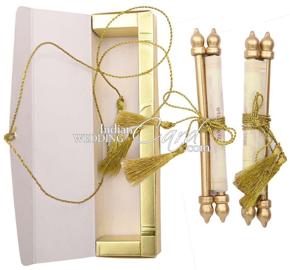 2 scrolls in one invitation - Gold color small box scroll invitation ...