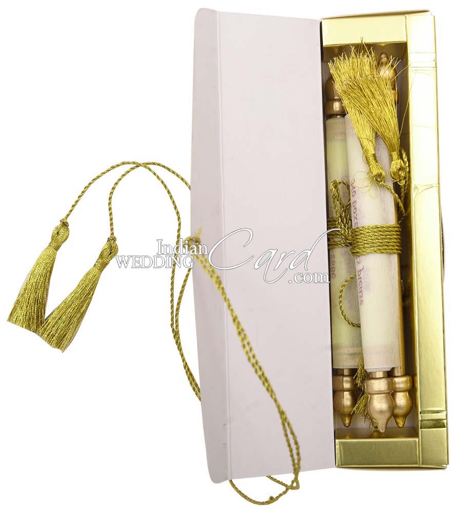 2 scrolls in one invitation - Gold color small box scroll invitation ...